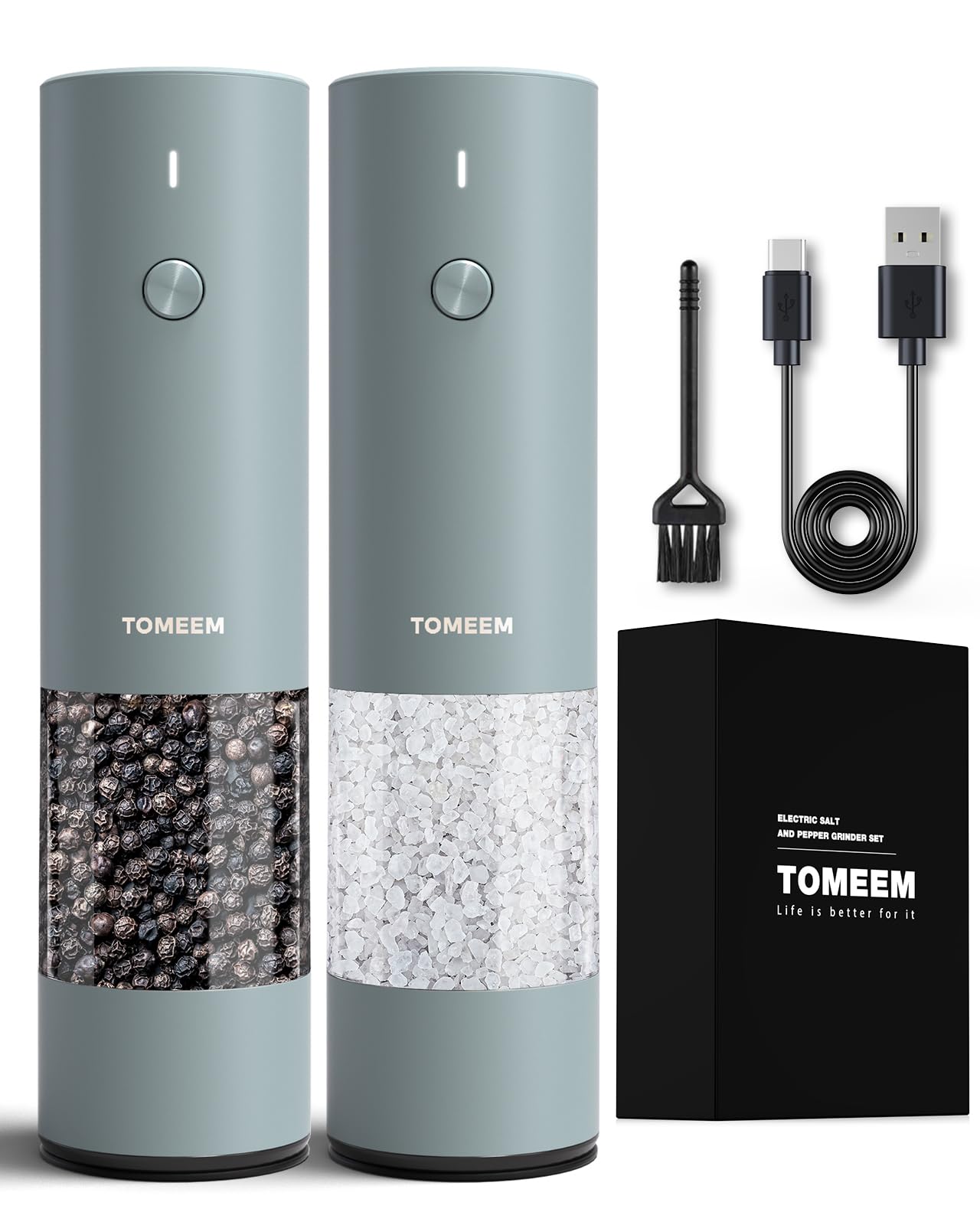 Upgraded Larger Capacity: Electric Salt and Pepper Grinder Set Rechargeable with LED lights, Stainless Steel Automatic Pepper and Salt Grinder Refillable with 6 Adjustable Coarseness
