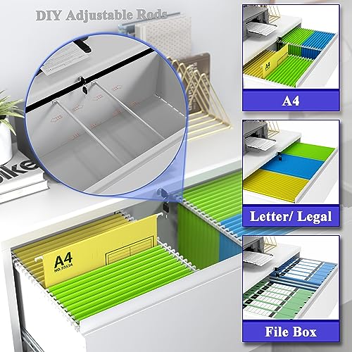 Hak 2 Drawer Locking File Cabinets for Home Office, Metal Office Lateral File Cabinet with Lock, Lockable Modent Filing Cabinet for Hanging Files Letter/Legal/F4/A4 Size, White