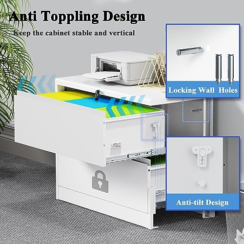 Hak 2 Drawer Locking File Cabinets for Home Office, Metal Office Lateral File Cabinet with Lock, Lockable Modent Filing Cabinet for Hanging Files Letter/Legal/F4/A4 Size, White