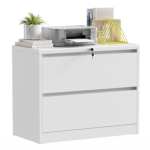 Hak 2 Drawer Locking File Cabinets for Home Office, Metal Office Lateral File Cabinet with Lock, Lockable Modent Filing Cabinet for Hanging Files Letter/Legal/F4/A4 Size, White