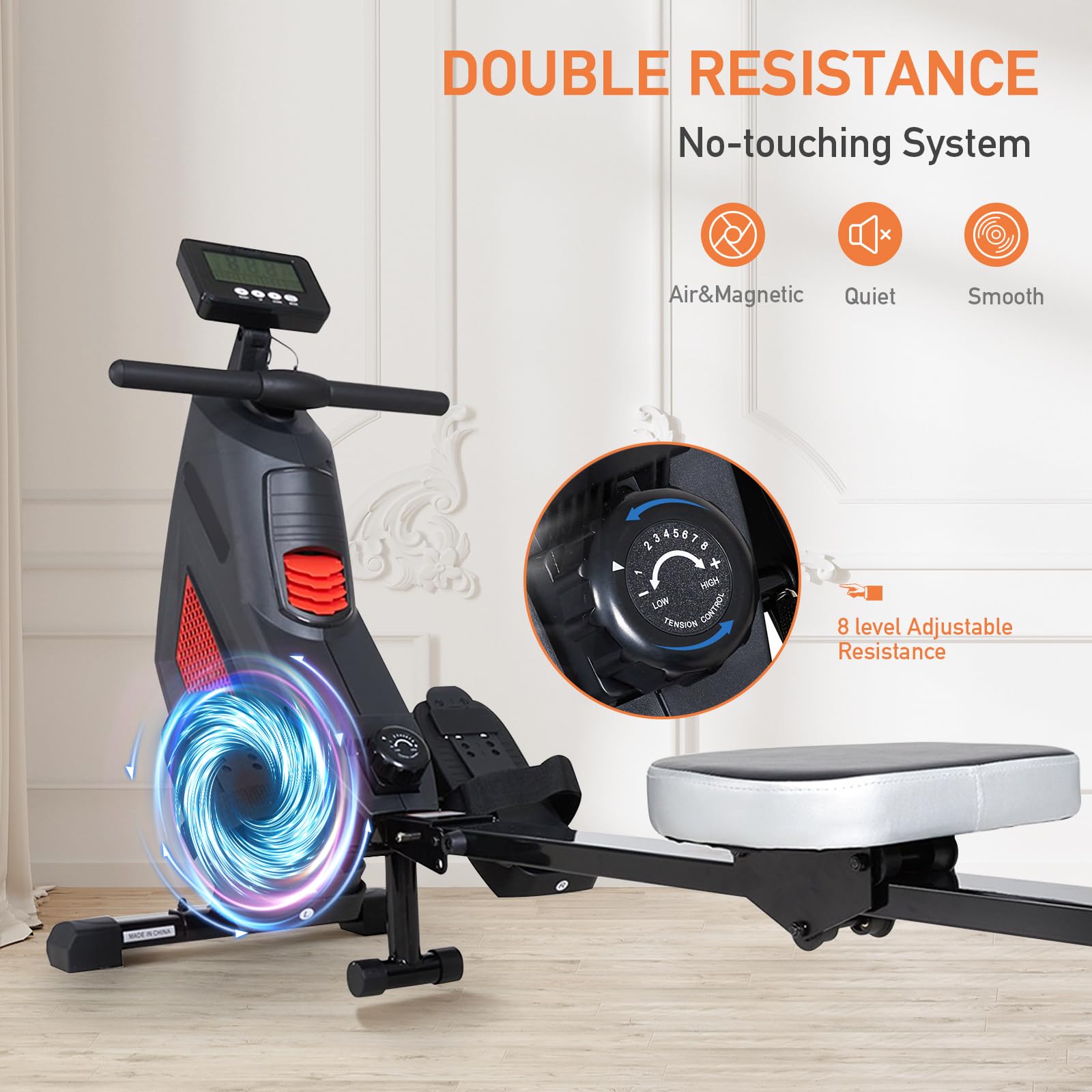 Rowing Machine Folding Magnetic Air Rowing Machines, Indoor Rower Machine for Home Use, 8 Levels Quiet Magnetic & Air Dual Resistance Foldable Rower for Exercise Gyms Training, 250 LBS Max Weight