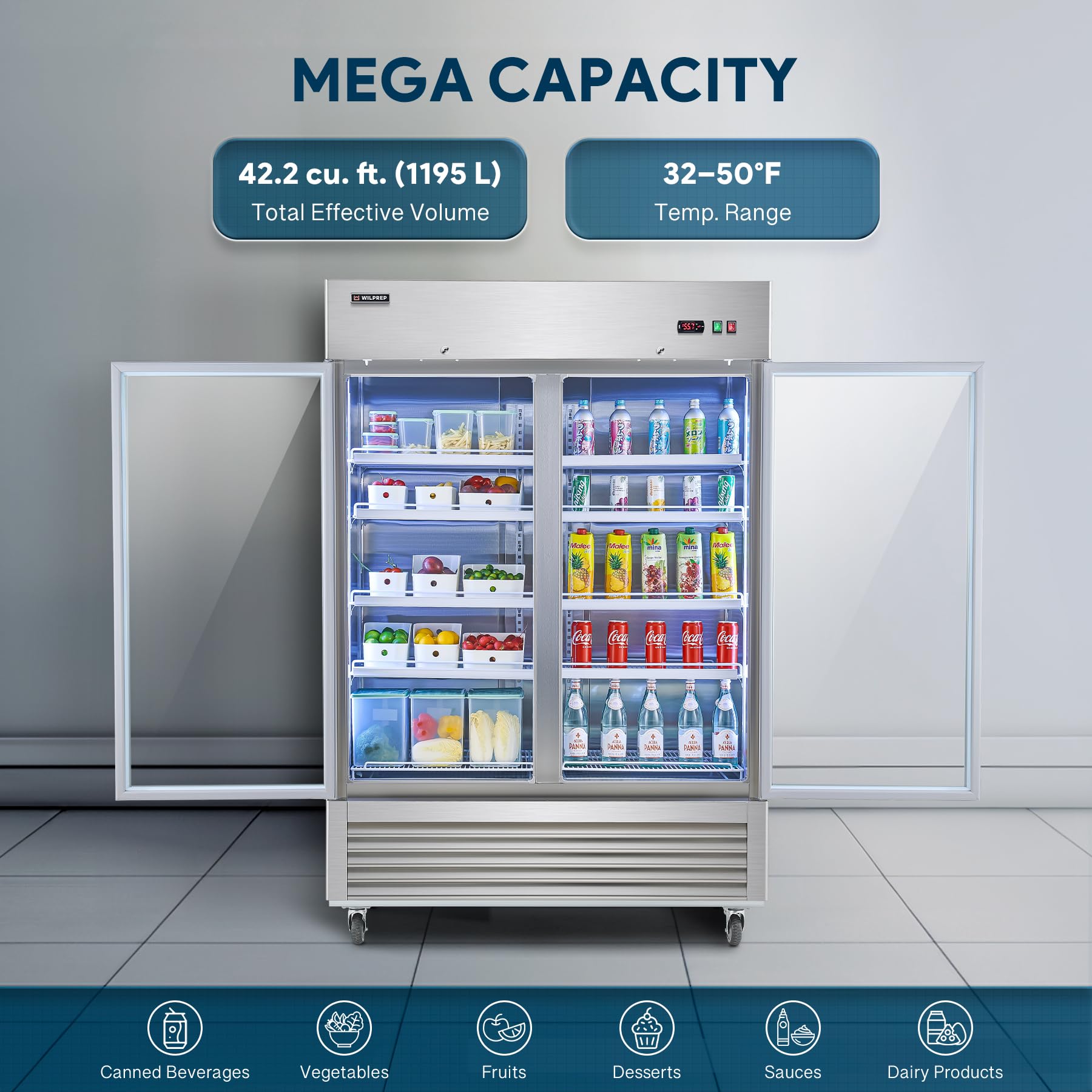 Wilprep Commercial Refrigerator, 54" 2 Glass Door Display Refrigerator with 42.2 cu. ft. Capacity, Reach in Merchandise Fridge Stainless Steel Beverage Cooler with Adjustable Shelves for Restaurant