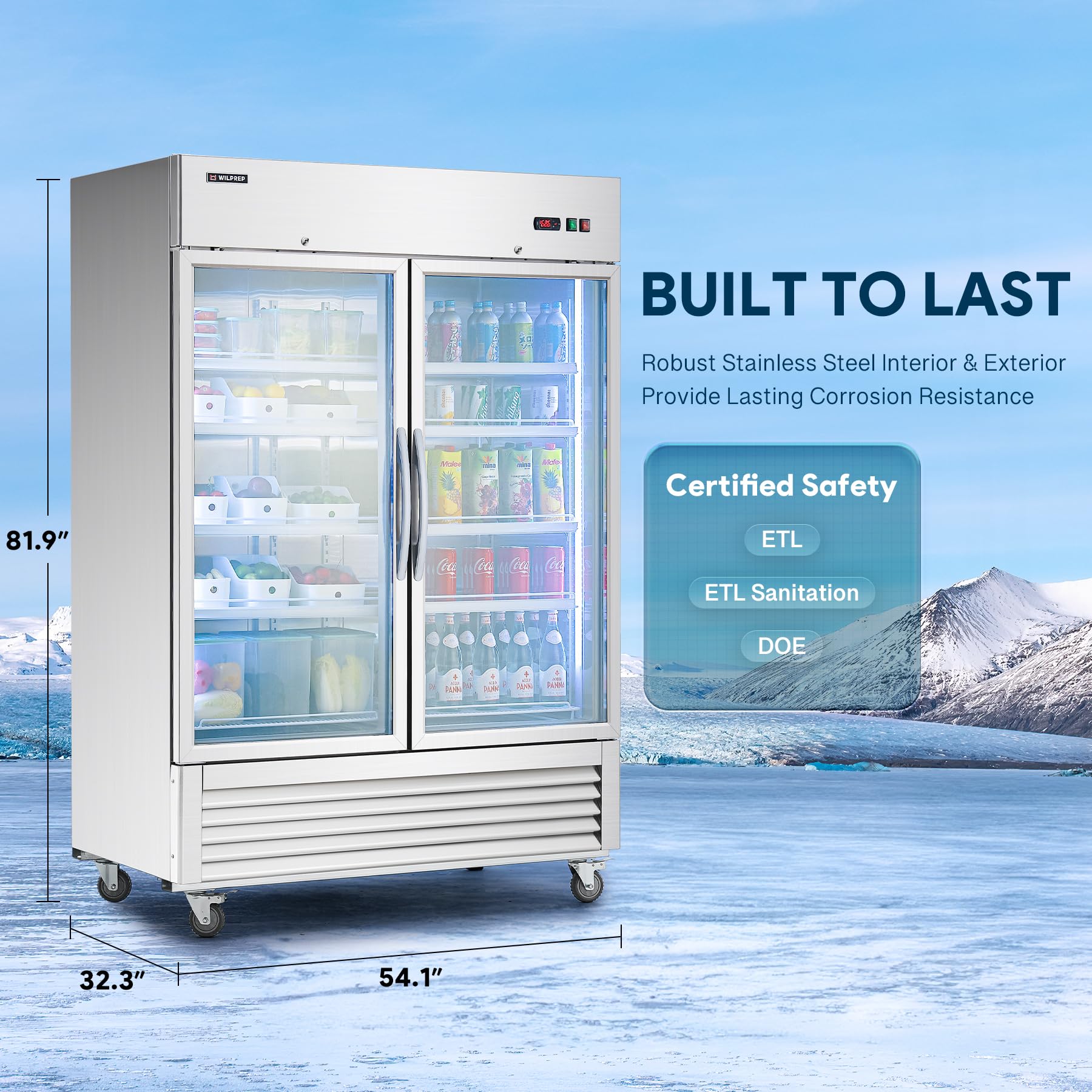 Wilprep Commercial Refrigerator, 54" 2 Glass Door Display Refrigerator with 42.2 cu. ft. Capacity, Reach in Merchandise Fridge Stainless Steel Beverage Cooler with Adjustable Shelves for Restaurant