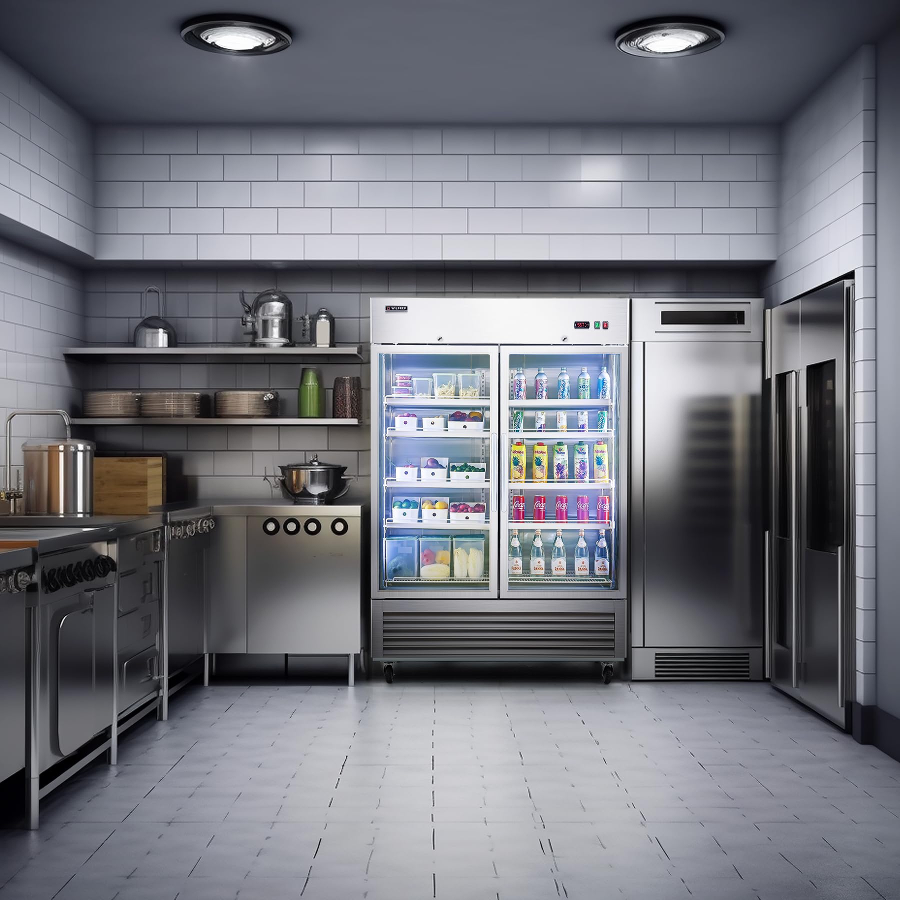 Wilprep Commercial Refrigerator, 54" 2 Glass Door Display Refrigerator with 42.2 cu. ft. Capacity, Reach in Merchandise Fridge Stainless Steel Beverage Cooler with Adjustable Shelves for Restaurant