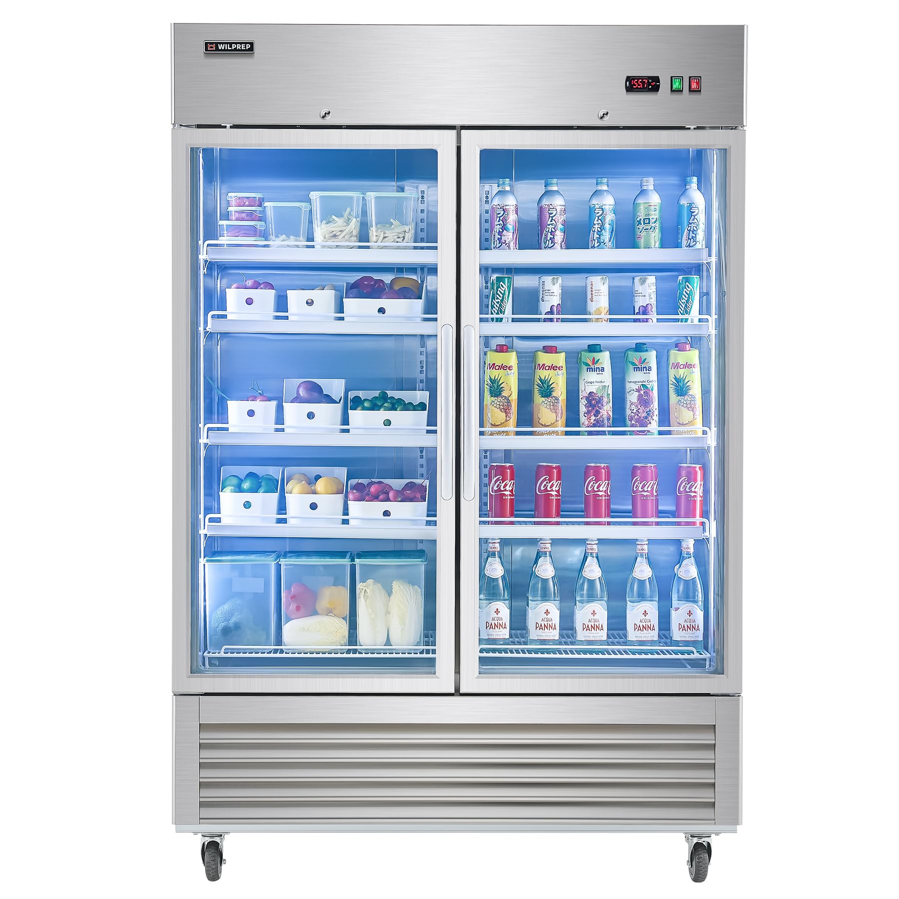 Wilprep Commercial Refrigerator, 54" 2 Glass Door Display Refrigerator with 42.2 cu. ft. Capacity, Reach in Merchandise Fridge Stainless Steel Beverage Cooler with Adjustable Shelves for Restaurant