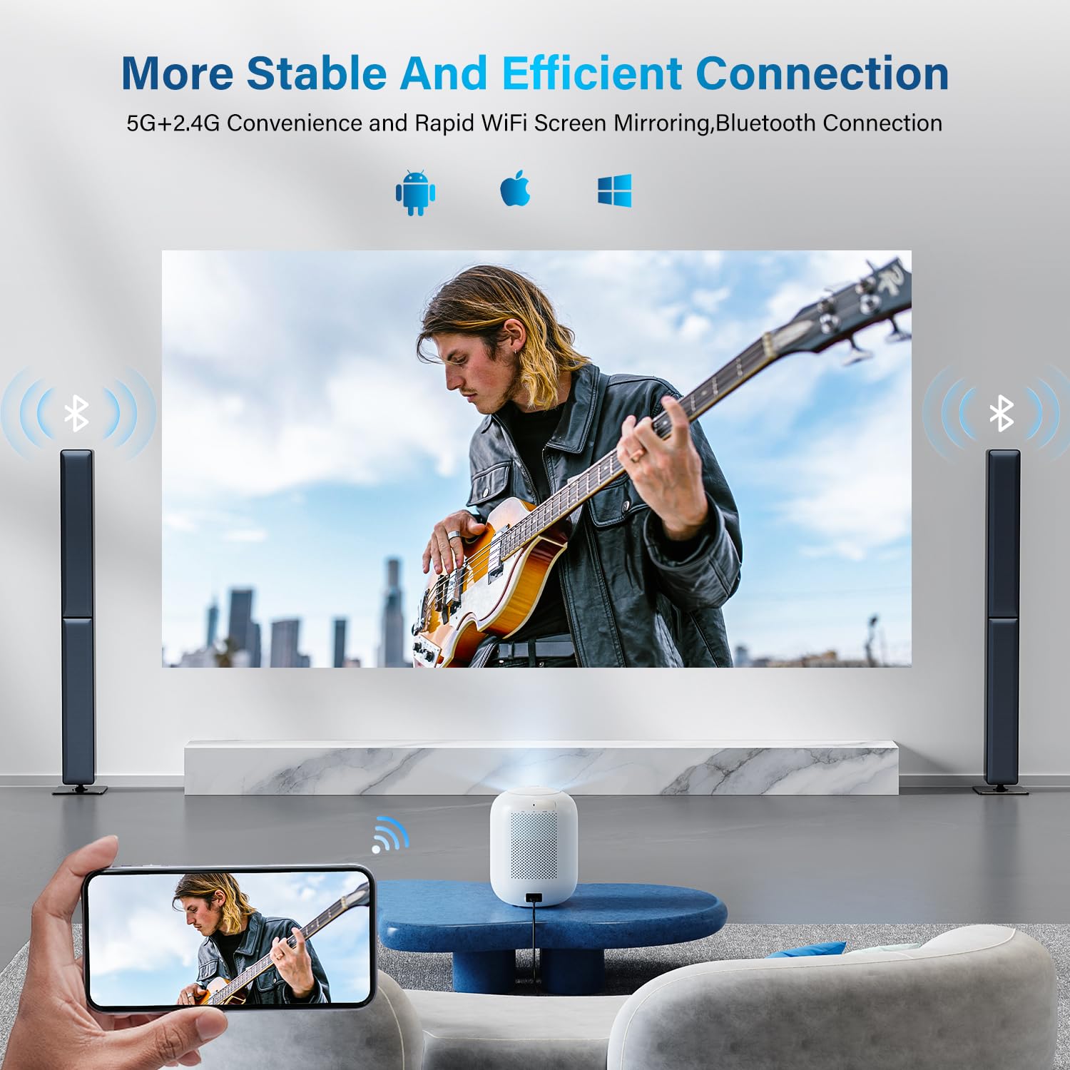 [Auto Focus/Keystone]Portable Mini Projector with 5G wifi 6 and bluetooth, 4K Native 1080P Outdoor Movie Projector,Smart Home Projector Compatible with iOS/Android/HDMI/USB