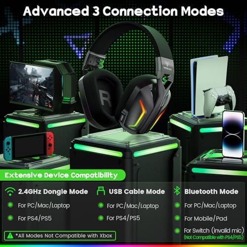 WESEARY 7.1 Wireless Gaming Headset with Microphone for PS4, PS5, PC, Switch, Mac, 2.4GHz Bluetooth Gaming Headphones with Crystal-Clear Mic, 50Hr Battery, Cool RGB
