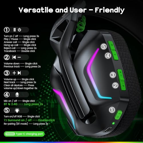 WESEARY 7.1 Wireless Gaming Headset with Microphone for PS4, PS5, PC, Switch, Mac, 2.4GHz Bluetooth Gaming Headphones with Crystal-Clear Mic, 50Hr Battery, Cool RGB