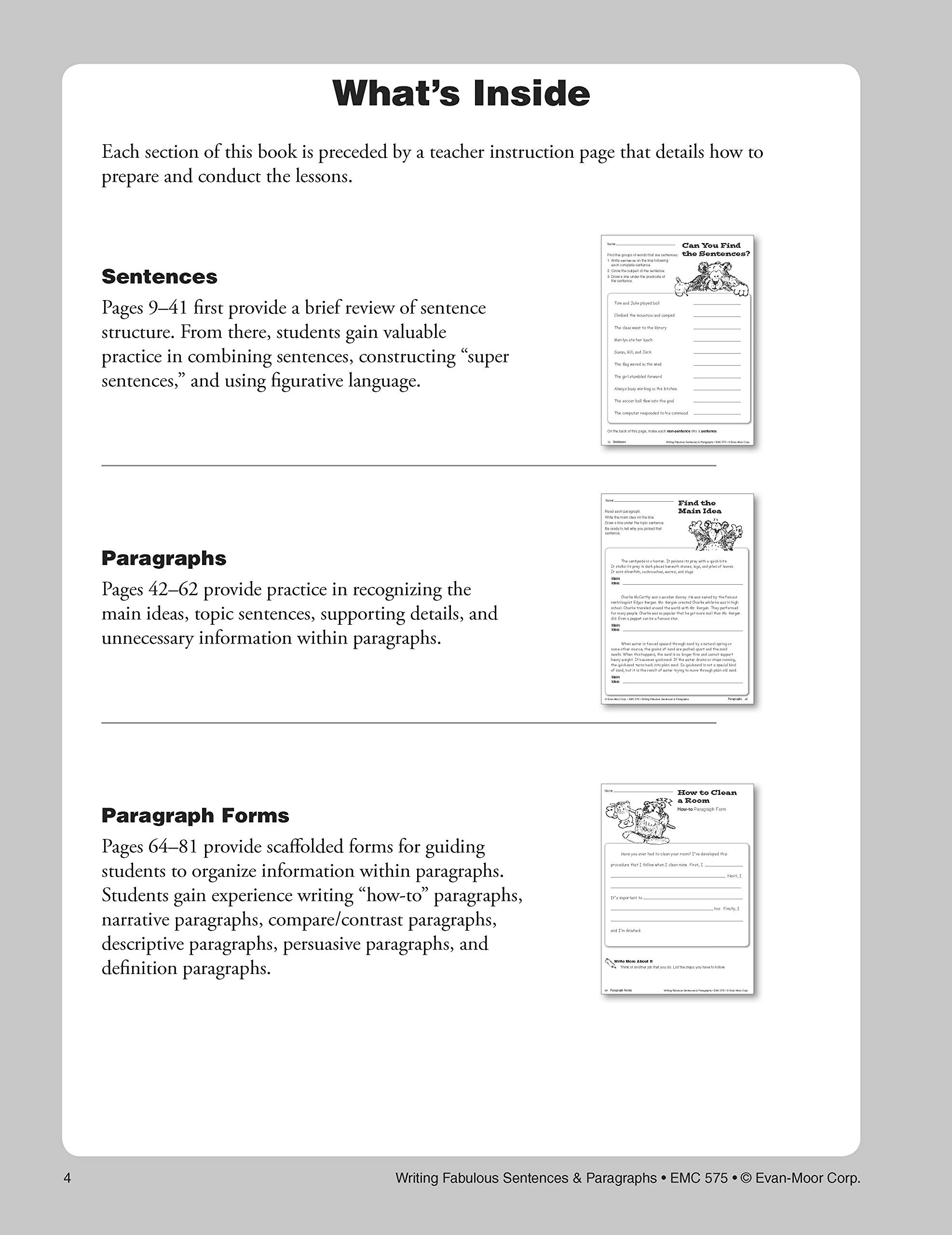 Evan-Moor Writing Fabulous Sentences & Paragraphs, Grades 4-6, Homeschool & Classroom Workbook, Activities, Main Ideas, Topic Sentences, Figurative Language, Descriptive Details, Writing Skills