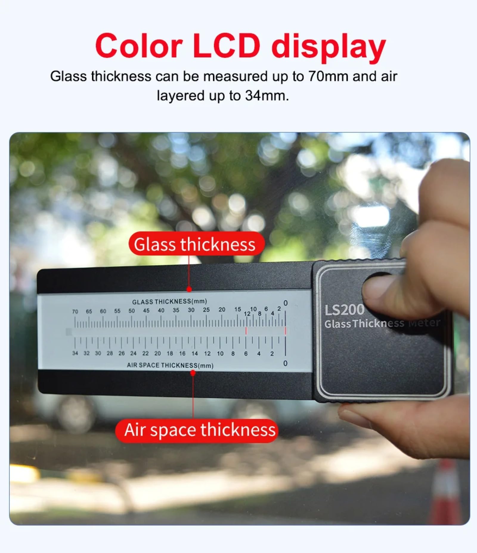 LS200 Glass Thickness Gauge - Accurate Measurement up to 70mm, Easy One-Side Operation for Glazing - Precision Tool for Architectural Laminated Glass, Window Walls, and Glass Bottles