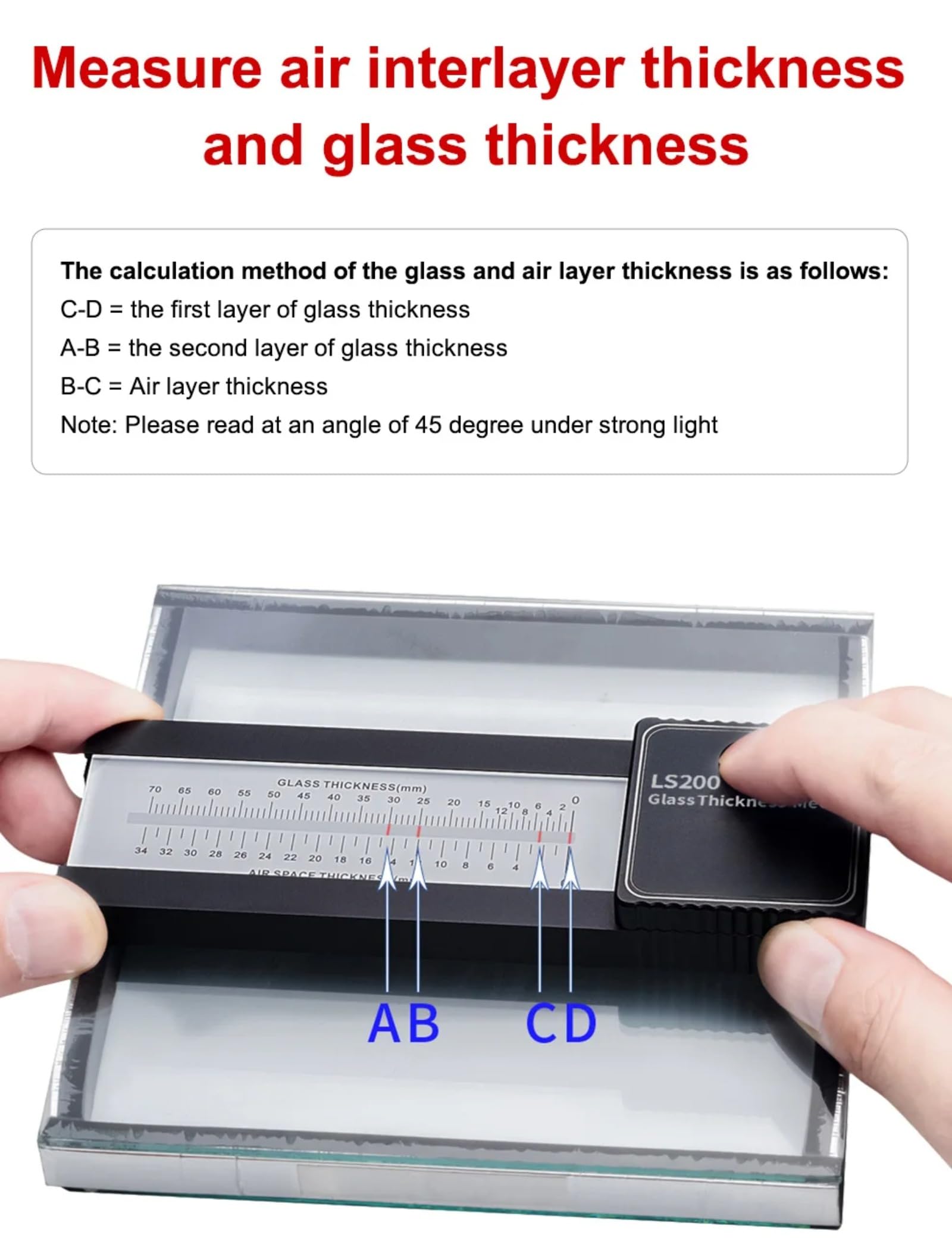 LS200 Glass Thickness Gauge - Accurate Measurement up to 70mm, Easy One-Side Operation for Glazing - Precision Tool for Architectural Laminated Glass, Window Walls, and Glass Bottles