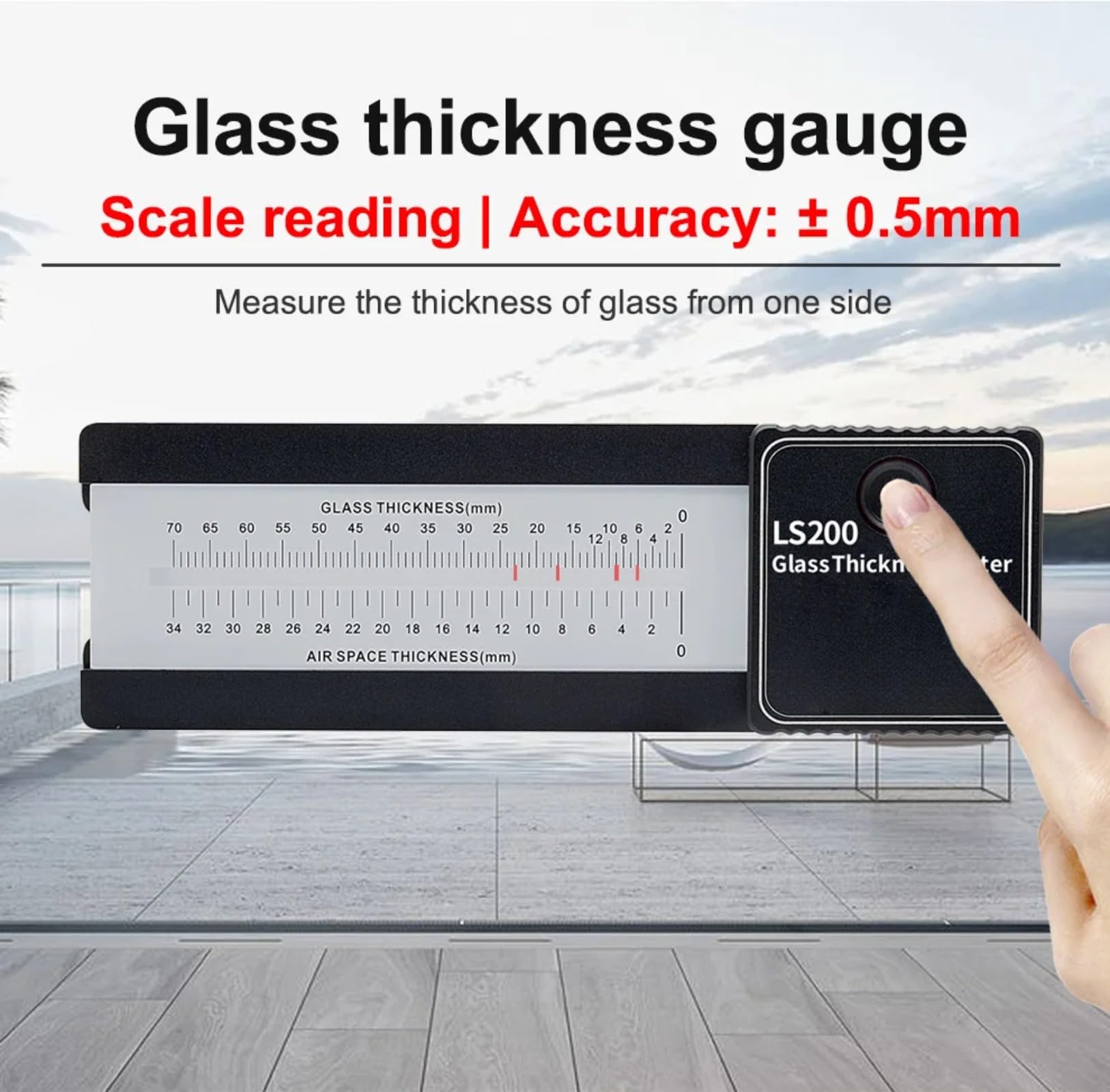 LS200 Glass Thickness Gauge - Accurate Measurement up to 70mm, Easy One-Side Operation for Glazing - Precision Tool for Architectural Laminated Glass, Window Walls, and Glass Bottles
