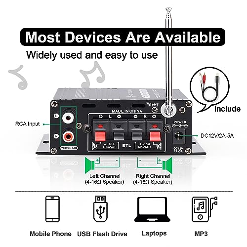 AK-370 Bluetooth Audio Amplifier with 12V/5A DC Power Supply,2.0 Channels Bluetooth Amplifier Supports Bluetooth/RCA/USB Flash Drive/SD Card Input and FM Function