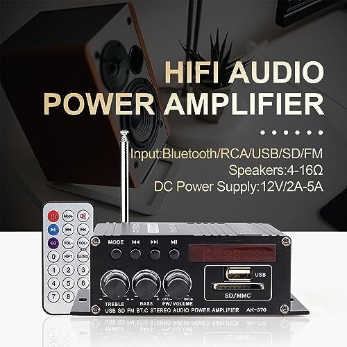 AK-370 Bluetooth Audio Amplifier with 12V/5A DC Power Supply,2.0 Channels Bluetooth Amplifier Supports Bluetooth/RCA/USB Flash Drive/SD Card Input and FM Function