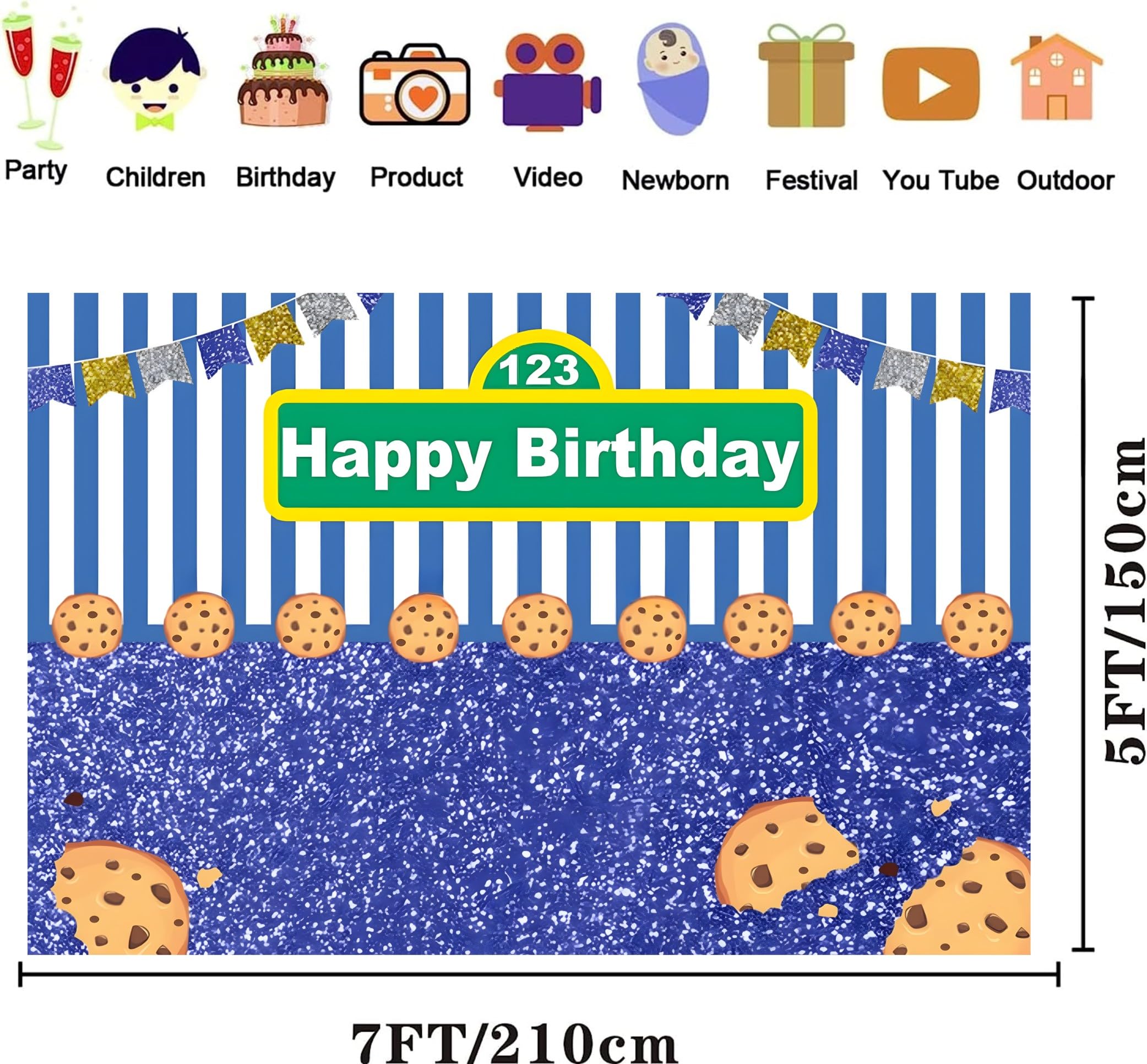 Children's Birthday Photography Backdrop Blue and White Stripes 123 Birthday Party Backdrop Banner Decoration Portrait Photography Props Photo Studio 7x5FT