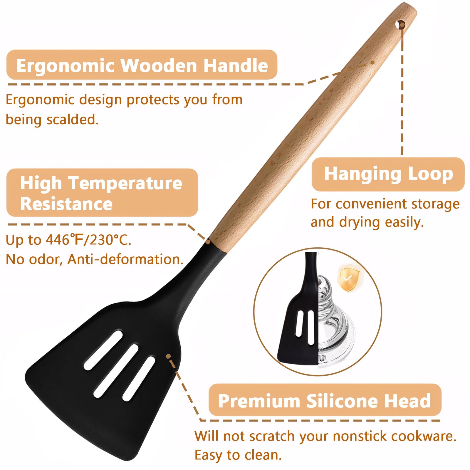 IOCBYHZ Silicone Cooking Utensils Set of 5, Heat Resistant Silicone Kitchen Utensils Set w Wooden Handle, BPA Free Silicone Spatula Spoon Turner Set Kitchen Gadgets Utensils Set for Nonstick Cookware