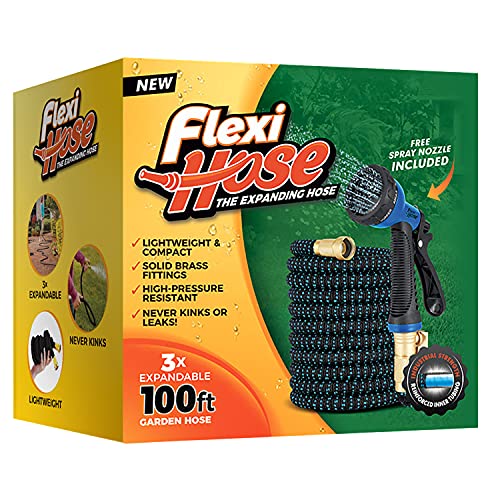 Flexi Hose with 8 Function Nozzle Expandable Garden Hose, Lightweight & No-Kink Flexible Garden Hose, 3/4 inch Solid Brass Fittings and Double Latex Core, 100 ft Blue Black
