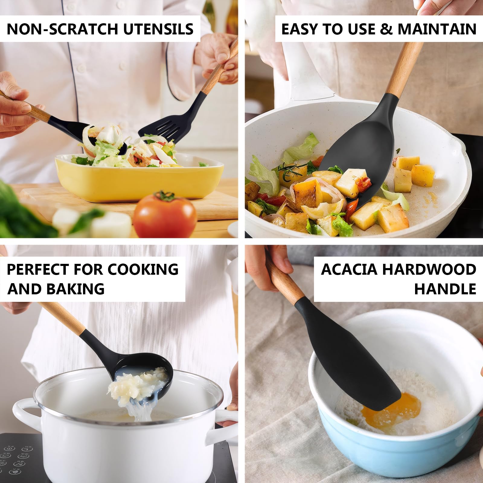IOCBYHZ Silicone Cooking Utensils Set of 5, Heat Resistant Silicone Kitchen Utensils Set w Wooden Handle, BPA Free Silicone Spatula Spoon Turner Set Kitchen Gadgets Utensils Set for Nonstick Cookware