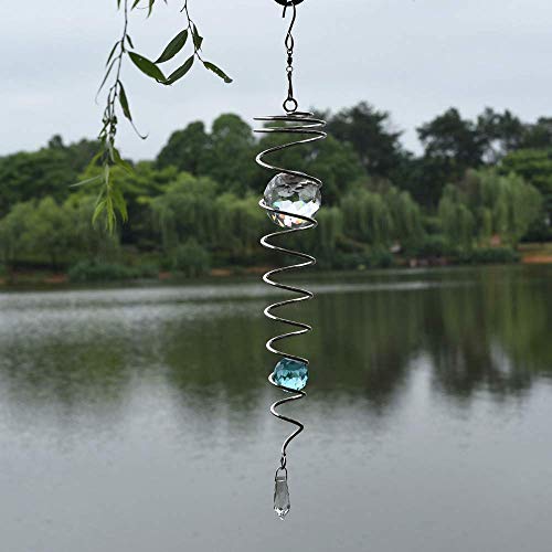 UOUDIO Gazing Ball Spiral Tail Wind Spinner StabilizeGr,Indoor Outdoor Decoration Stainless Steel Crystal Glass Ball with Hanging Swivel Hook 13" inch (Light Blue)