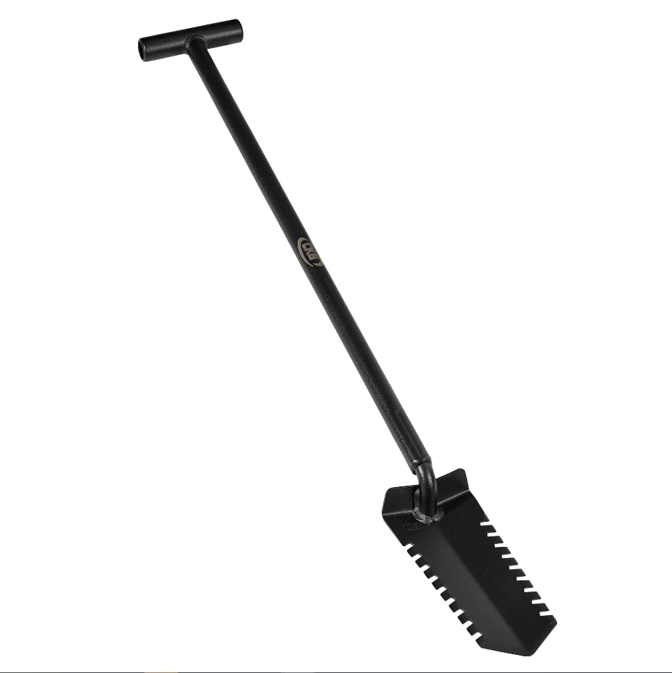 CKG Metal Detecting Shovel Digging Tool with Double Serrated Blade β Heavy Duty Digger Garden Root Cutter T-Handle Spade for Professional Landscapers Lawn Gardeners Relic & Gold Prospecting - Black