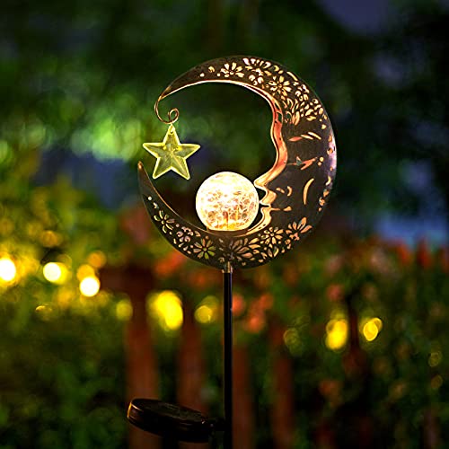 Hapjoy Solar Lights Outdoor Garden Decor Solar Moon Lantern for Patio,Lawn or Pathway Moon Decorations Crackle Glass Globe Stake Metal Lights Waterproof Warm LED Garden Gifts (Bronze)
