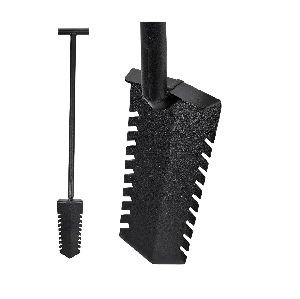 CKG Metal Detecting Shovel Digging Tool with Double Serrated Blade β Heavy Duty Digger Garden Root Cutter T-Handle Spade for Professional Landscapers Lawn Gardeners Relic & Gold Prospecting - Black
