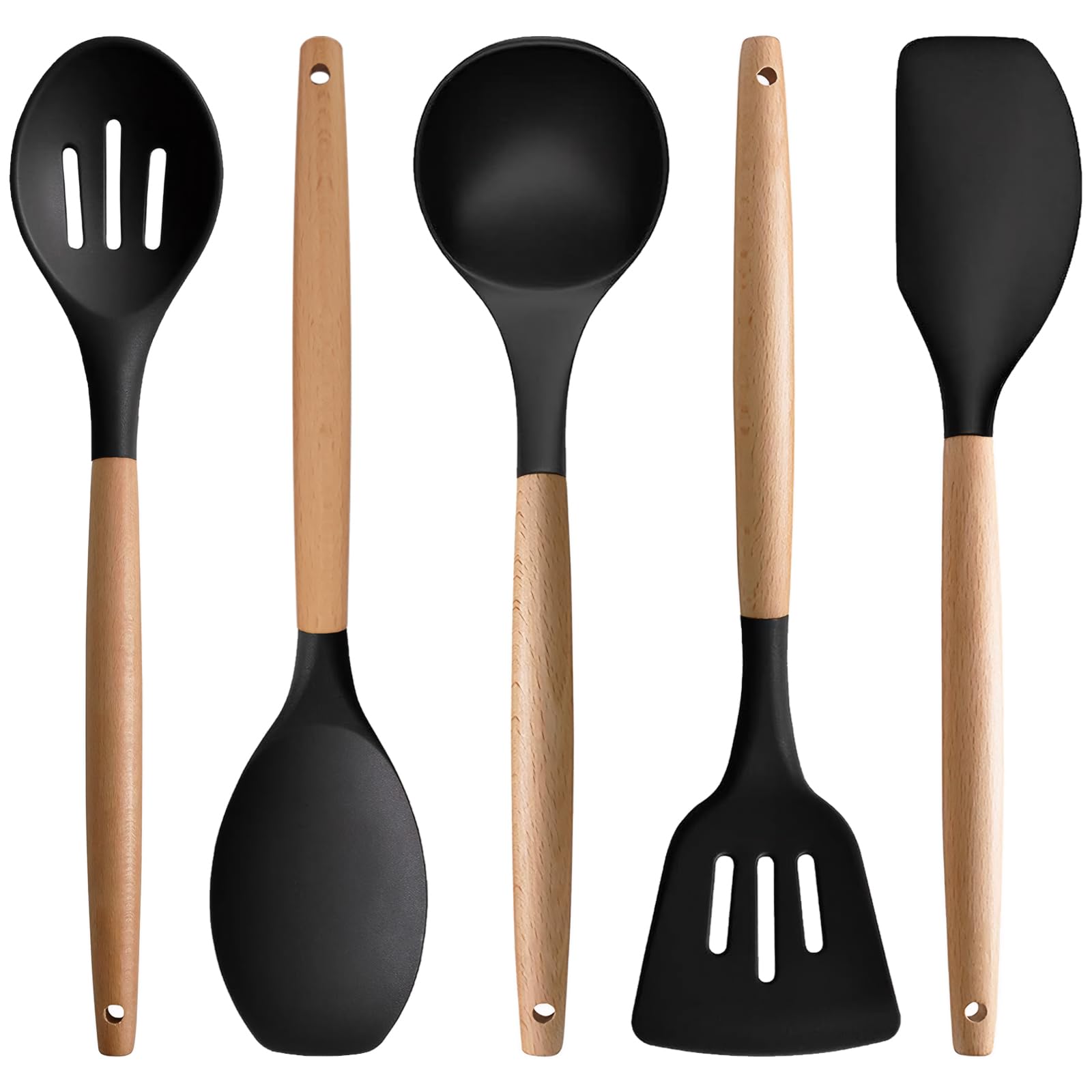 IOCBYHZ Silicone Cooking Utensils Set of 5, Heat Resistant Silicone Kitchen Utensils Set w Wooden Handle, BPA Free Silicone Spatula Spoon Turner Set Kitchen Gadgets Utensils Set for Nonstick Cookware