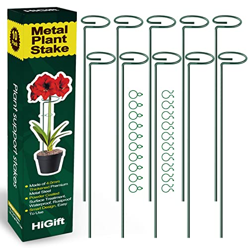HiGift 10 Pack 17 inches Plant Support Plant Stakes with 20 Pcs Plant Clips, Metal Garden Single Stem Flower Support Stick Plant Cage Support Ring for Amaryllis Orchid Peony Rose Tomato