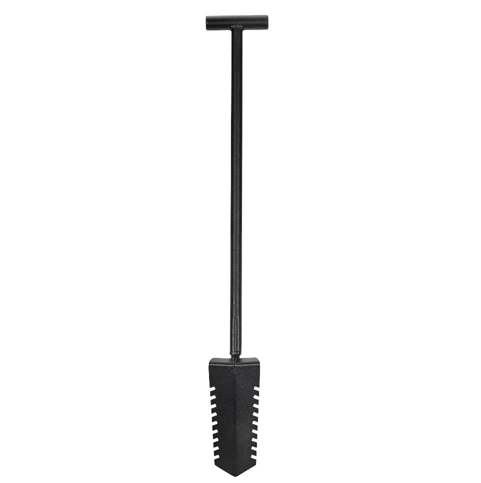 CKG Metal Detecting Shovel Digging Tool with Double Serrated Blade β Heavy Duty Digger Garden Root Cutter T-Handle Spade for Professional Landscapers Lawn Gardeners Relic & Gold Prospecting - Black