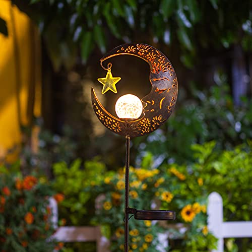 Hapjoy Solar Lights Outdoor Garden Decor Solar Moon Lantern for Patio,Lawn or Pathway Moon Decorations Crackle Glass Globe Stake Metal Lights Waterproof Warm LED Garden Gifts (Bronze)