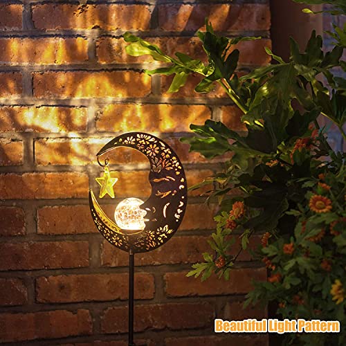 Hapjoy Solar Lights Outdoor Garden Decor Solar Moon Lantern for Patio,Lawn or Pathway Moon Decorations Crackle Glass Globe Stake Metal Lights Waterproof Warm LED Garden Gifts (Bronze)