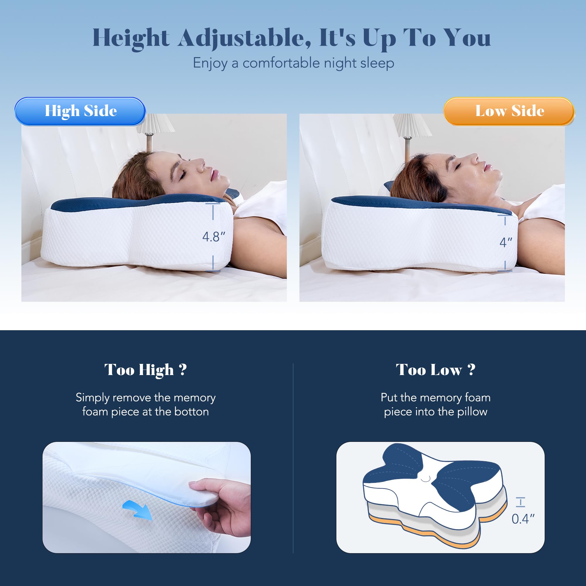 Cervical Pillows for Neck Pain Relief - Adjustable Orthopedic Side Sleeping Pillow, Memory Foam Pillows for Neck and Shoulder Support, Ergonomic Contour Side Back Stomach Sleeper Bed Pillow for Adult