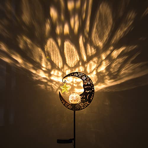 Hapjoy Solar Lights Outdoor Garden Decor Solar Moon Lantern for Patio,Lawn or Pathway Moon Decorations Crackle Glass Globe Stake Metal Lights Waterproof Warm LED Garden Gifts (Bronze)