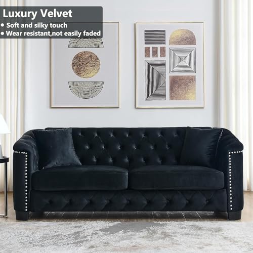 Sybrioka 77" Modern Chesterfield Velvet Sofa,3-Seater Sofa,Upholstered Tufted Backrests with Nailhead Arms and 2 Cushions for Living Room, Bedroom, Apartment, Office (77" 3-Seat Sofa, Black)