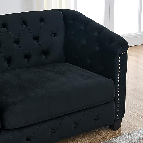 Sybrioka 77" Modern Chesterfield Velvet Sofa,3-Seater Sofa,Upholstered Tufted Backrests with Nailhead Arms and 2 Cushions for Living Room, Bedroom, Apartment, Office (77" 3-Seat Sofa, Black)