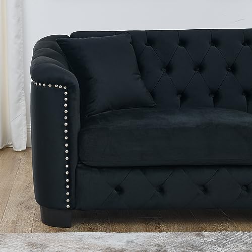 Sybrioka 77" Modern Chesterfield Velvet Sofa,3-Seater Sofa,Upholstered Tufted Backrests with Nailhead Arms and 2 Cushions for Living Room, Bedroom, Apartment, Office (77" 3-Seat Sofa, Black)