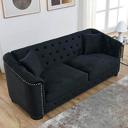 Sybrioka 77" Modern Chesterfield Velvet Sofa,3-Seater Sofa,Upholstered Tufted Backrests with Nailhead Arms and 2 Cushions for Living Room, Bedroom, Apartment, Office (77" 3-Seat Sofa, Black)