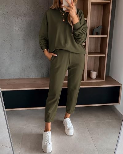 BTFBM Women's Fall Winter Sweatsuits Long Sleeve Sweatshirt Jogger Pants Lounge Sets 2 Piece Tracksuit Outfits Pockets(Solid Army Green, Medium)