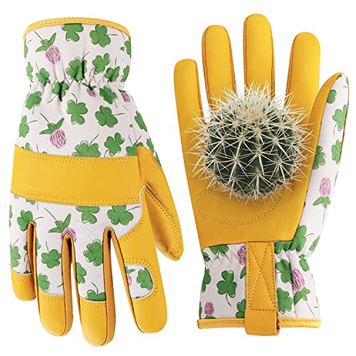 WANCHI Garden Gloves for Women, Cowhide Leather Safety Work Gloves, Ladies Thorn Proof Garden Gloves for Yard Work & Outdoor Work Gardening Gifts for Gardeners (Large)