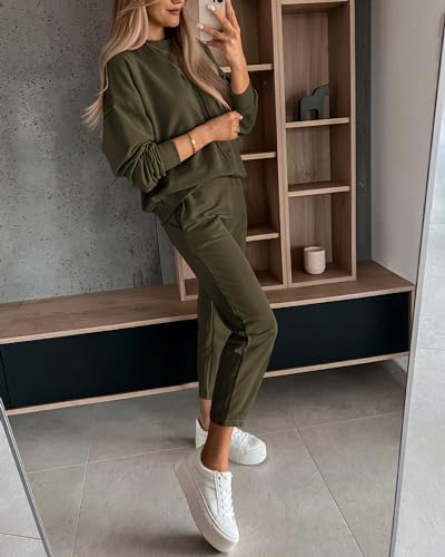 BTFBM Women's Fall Winter Sweatsuits Long Sleeve Sweatshirt Jogger Pants Lounge Sets 2 Piece Tracksuit Outfits Pockets(Solid Army Green, Medium)