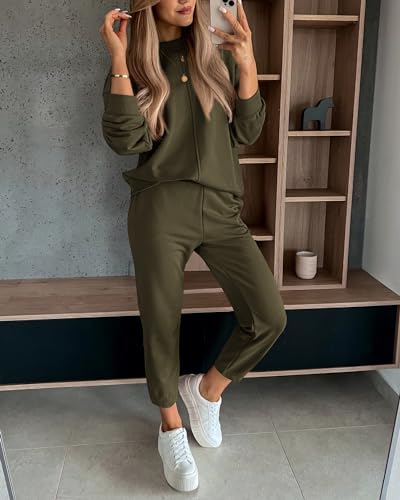 BTFBM Women's Fall Winter Sweatsuits Long Sleeve Sweatshirt Jogger Pants Lounge Sets 2 Piece Tracksuit Outfits Pockets(Solid Army Green, Medium)