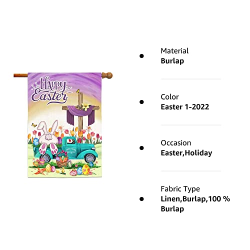 Easter Flag, Happy Easter Flags for Outdoors 28 x 40 Double Sided, Easter Bunny Eggs with Blue Truck Tulip Flowers Burlap House Flag, Holiday Spring Garden Yard Lawn Signs for Home Outside