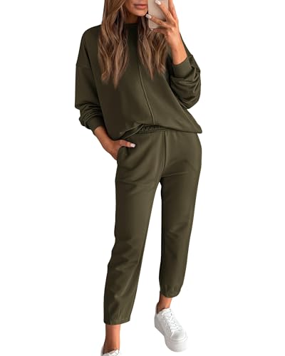 BTFBM Women's Fall Winter Sweatsuits Long Sleeve Sweatshirt Jogger Pants Lounge Sets 2 Piece Tracksuit Outfits Pockets(Solid Army Green, Medium)