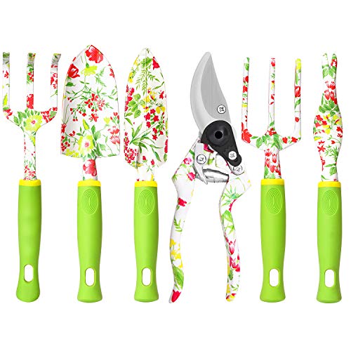 Garden Tool Set, 6 PCS Heavy Duty Aluminum Gardening Hand Tools Kit, Floral Print Gardening Tool Set, Gardening Gifts for Women with Pruning Shears Weeder Hand Rake Shovel Transplanter Cultivator