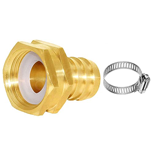 Joywayus 3/4" Barb x 3/4" Female GHT Thread Swivel Hex Brass Garden Water Hose Pipe Connector Copper Fitting with Stainless Clamp House/Boat/Lawn/Power Wash/Irrigation