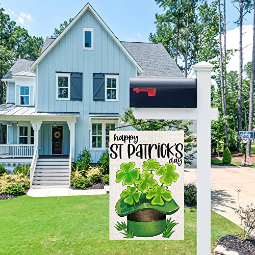 Happy St Patricks Day Burlap Garden Flags 12x18 Inch Double Sided, Green Lucky Shamrock Sign Small Farmhouse Yard Outdoor Decor DF192