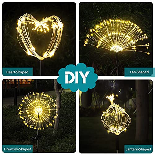 JJGoo Outdoor Solar Garden Lights, 2 Pack 120 LEDs 2 Lighting Modes Waterproof Fireworks Light for Outdoor Patio Walkway Pathway Decorative - Warm White