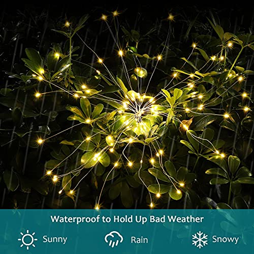 JJGoo Outdoor Solar Garden Lights, 2 Pack 120 LEDs 2 Lighting Modes Waterproof Fireworks Light for Outdoor Patio Walkway Pathway Decorative - Warm White