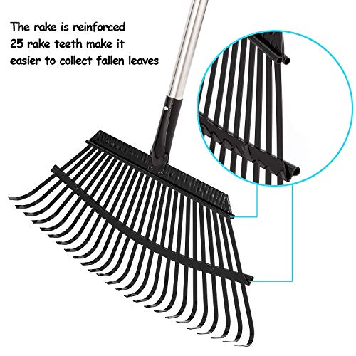63” Garden Leaf Rake 38”-63”Adjustable Garden Rake,25 tines, Metal Rake for Quick Clean Up of Lawn and Yard
