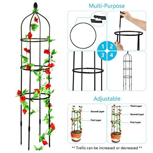 Toolazy Tower Obelisk Garden Trellis for Potted Climbing Plants Outdoor Indoor Pot,Rustproof PE Coated Metal Plant Support,Round Obelisk Garden Trellis for Climbing Vine(Black) (2 Pack)